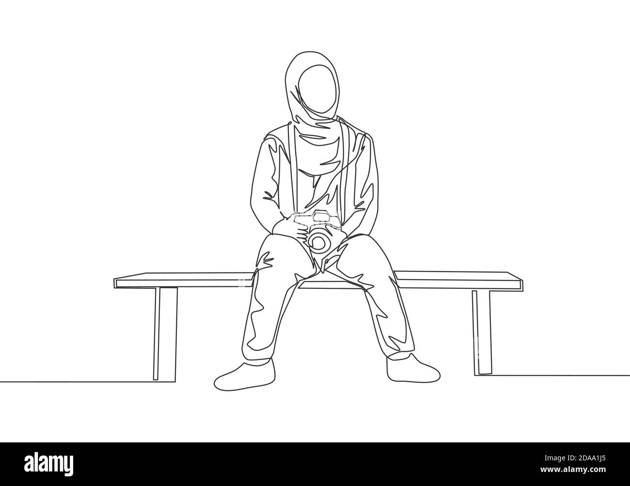 Single continuous line drawing of young cute muslimah sitting on chair ...