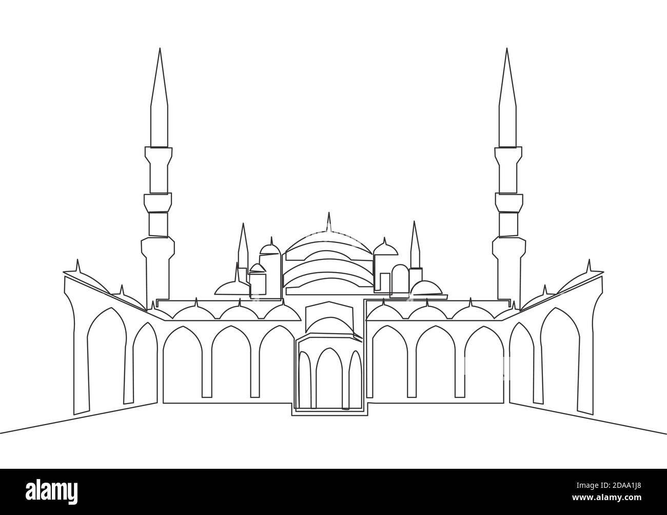 One continuous line drawing of Islamic historical landmark masjid or ...