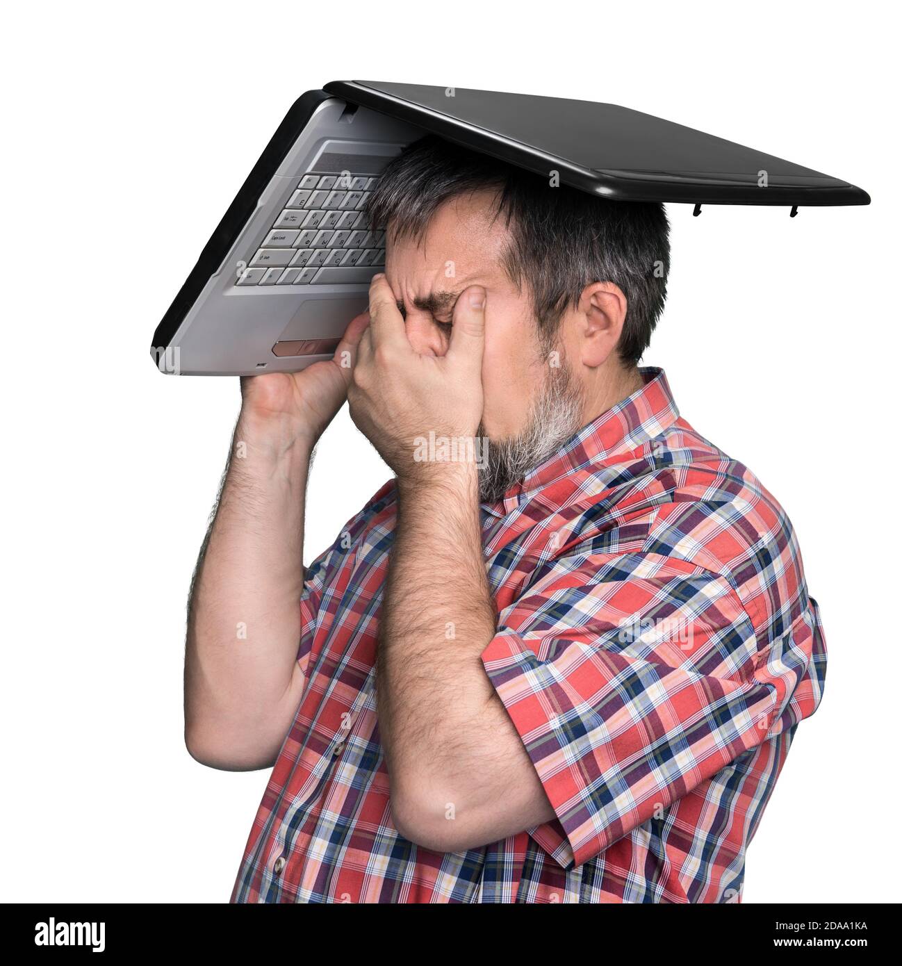 Problems with computer. Middle aged stressed businessman with laptop on ...