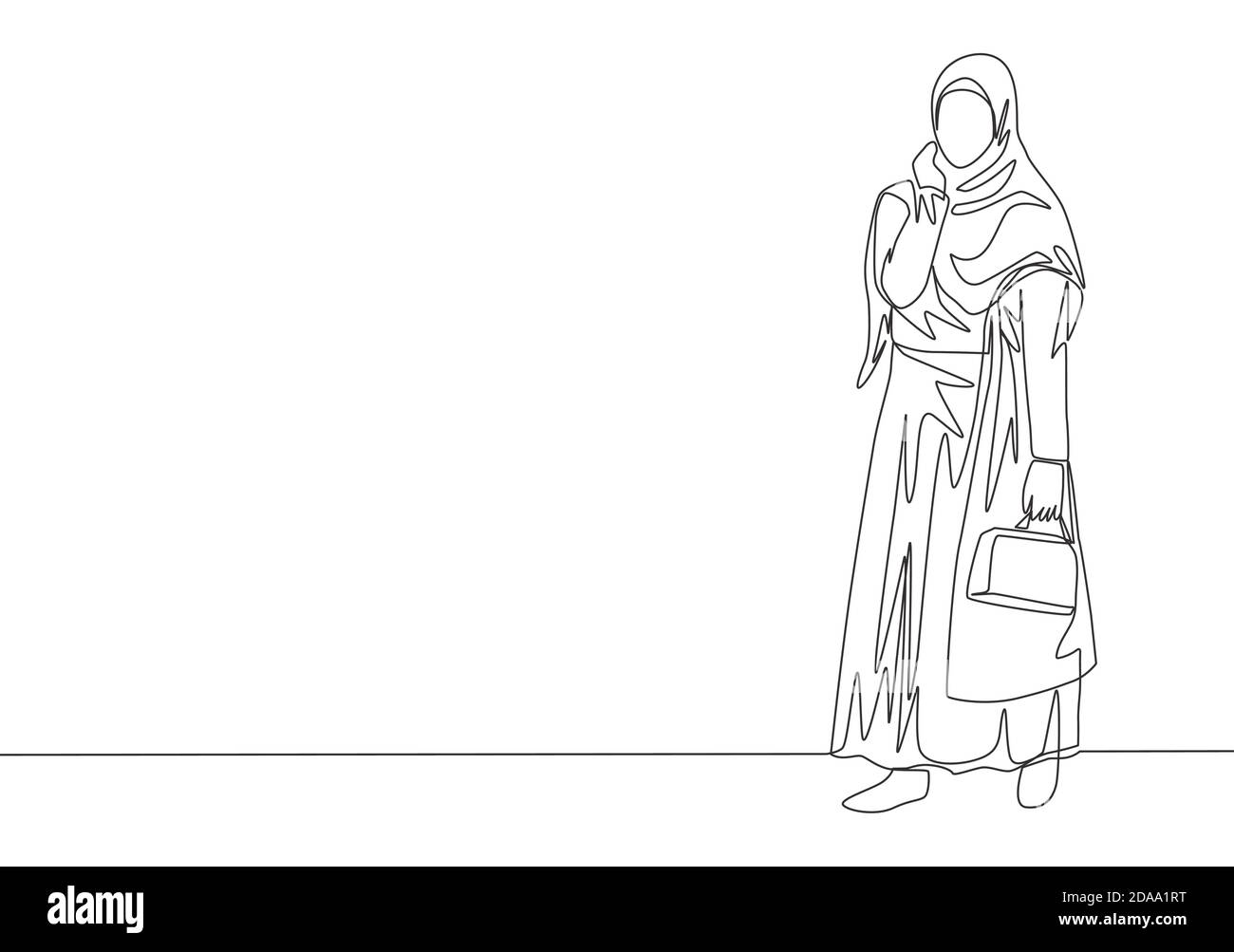 One single line drawing of young happy muslimah bringing little bag and ...