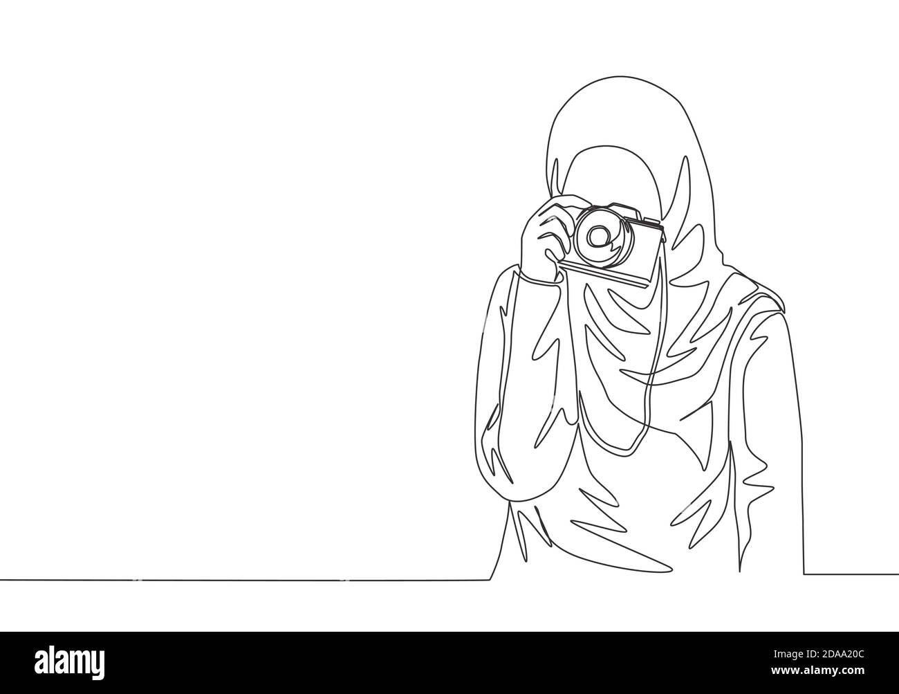 One continuous line drawing of young pretty happy muslimah with ...