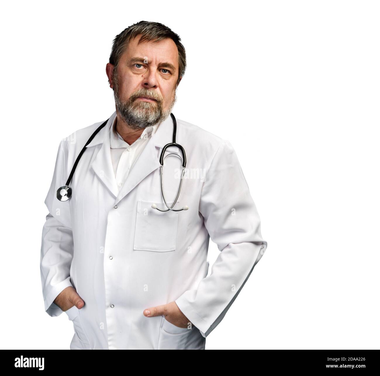 Portrait of handsome tired medical doctor with stethoscope in white ...