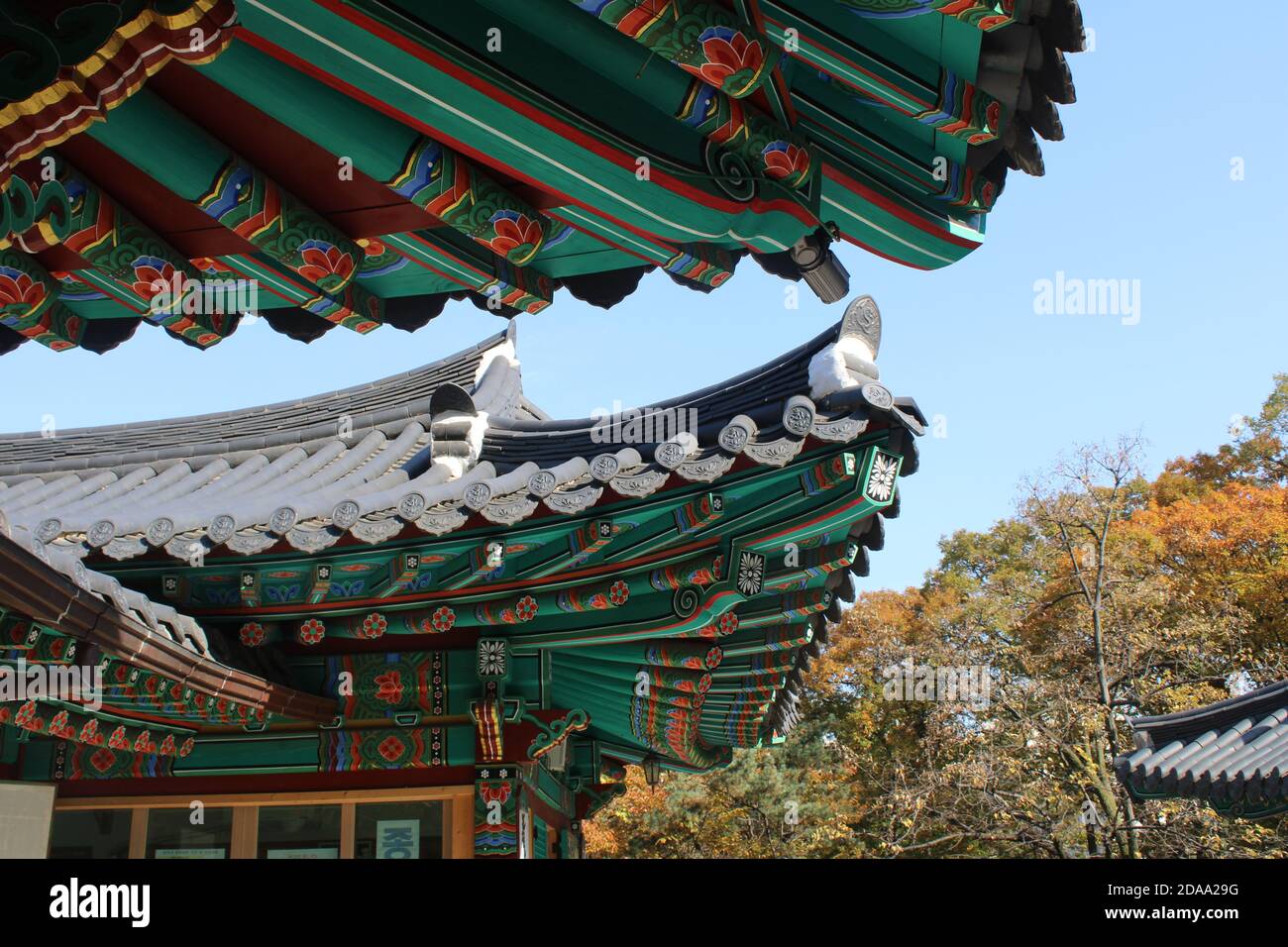 Ornate traditional rooftops and eaves of a Buddhist Temple complex ...