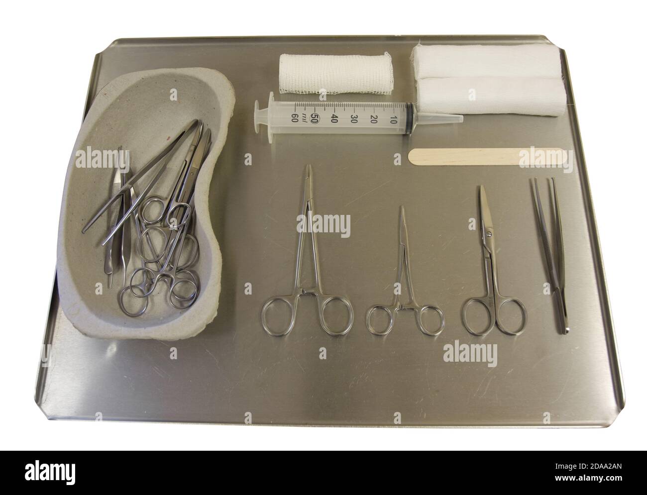 Top view of different medical instruments on a metal tray isolated on ...