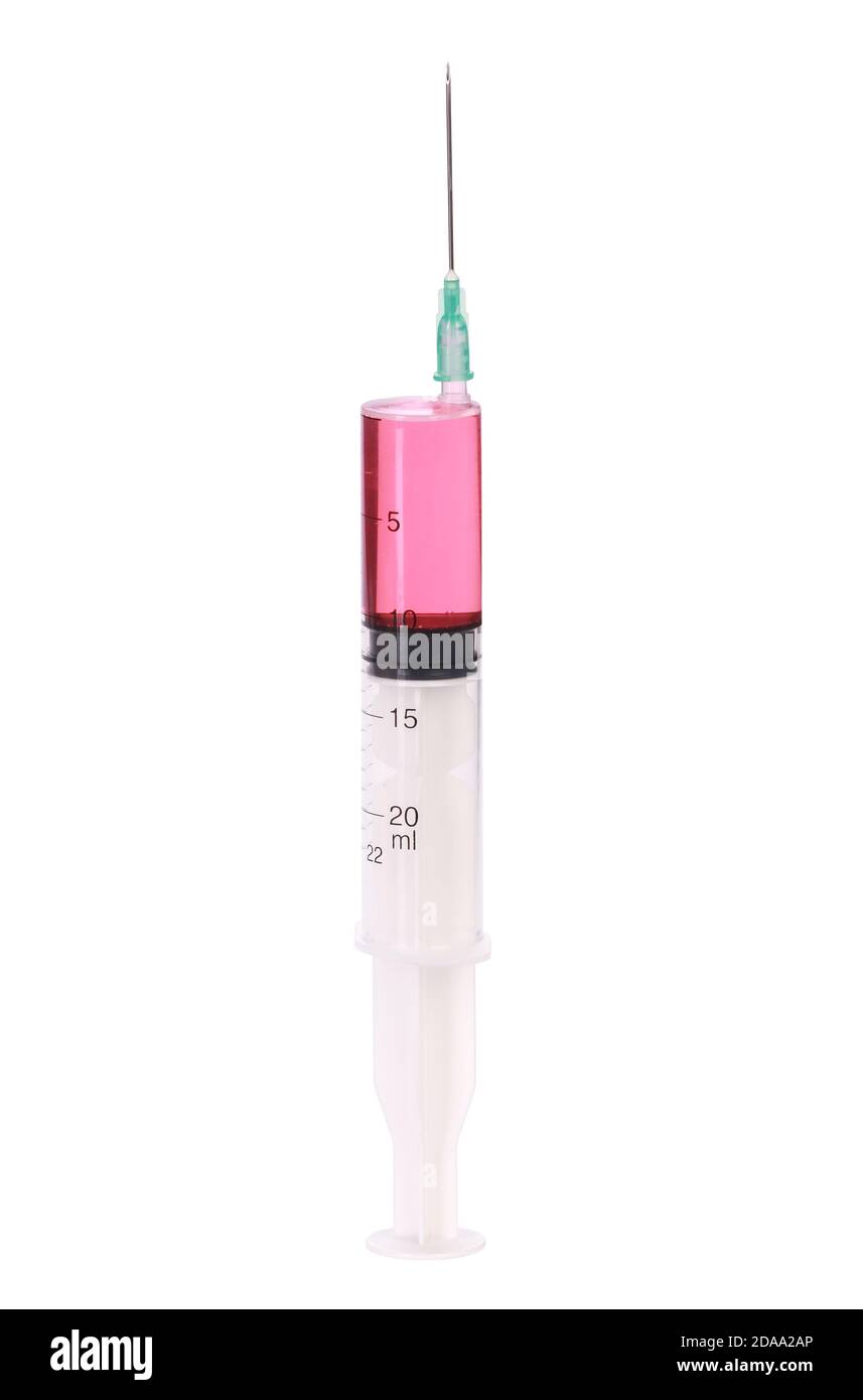 Vertical shot of medical syringe ready for injection isolated on white ...