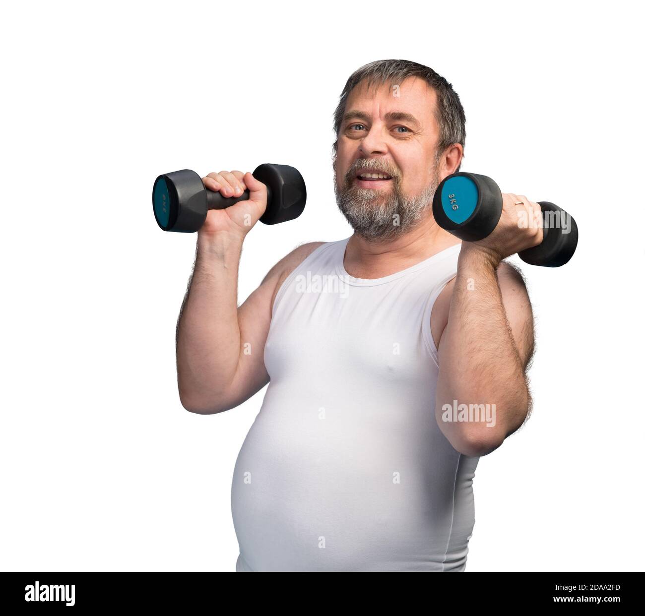 Middle-aged man with a paunch exercising with dumbbells isolated on ...