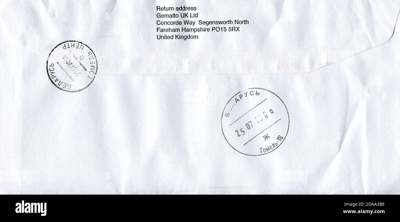 BELARUS- CIRCA 2020: A revers side of the envelope with Belarussian ...