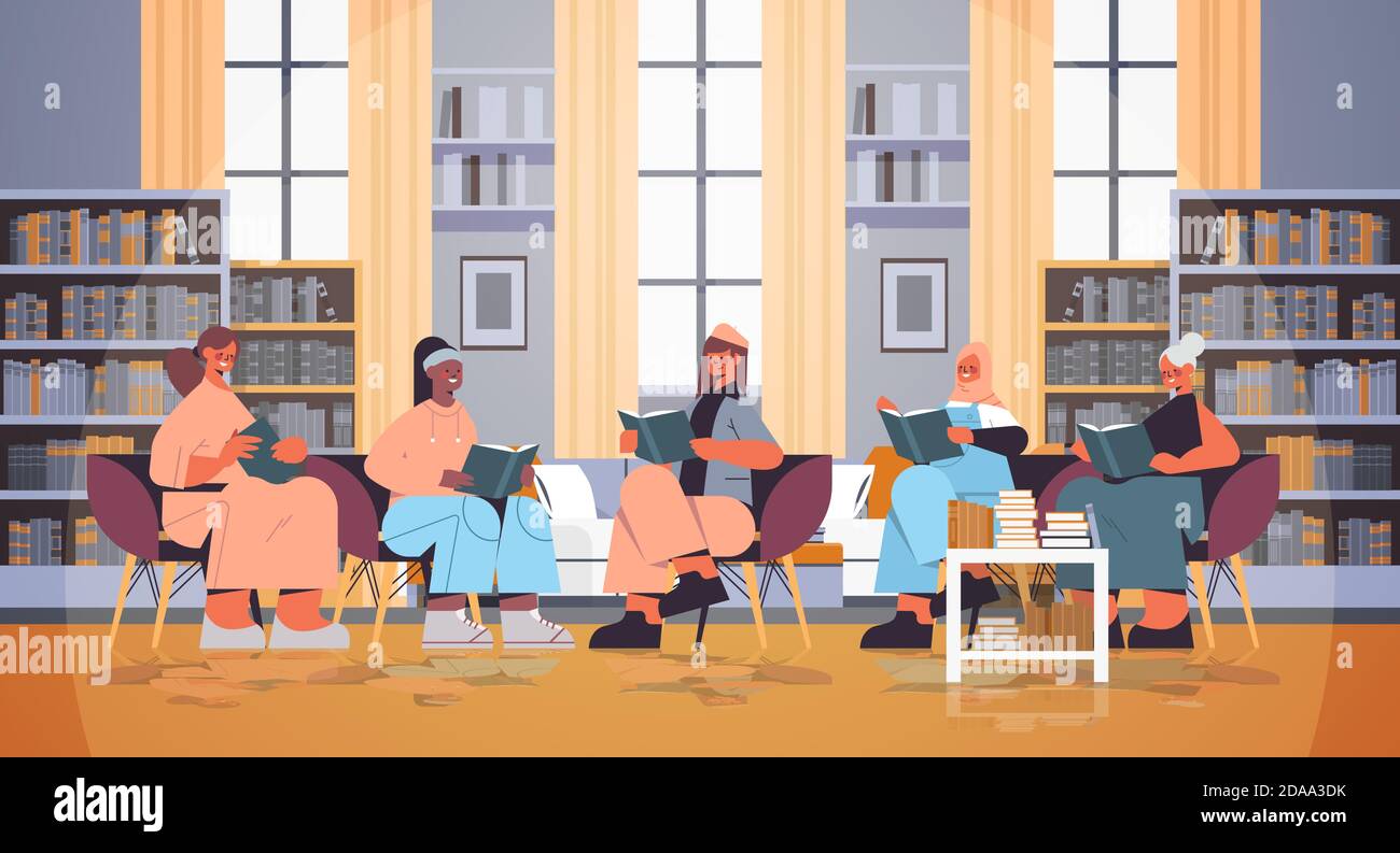 group of mix race women sitting together and reading books modern book ...