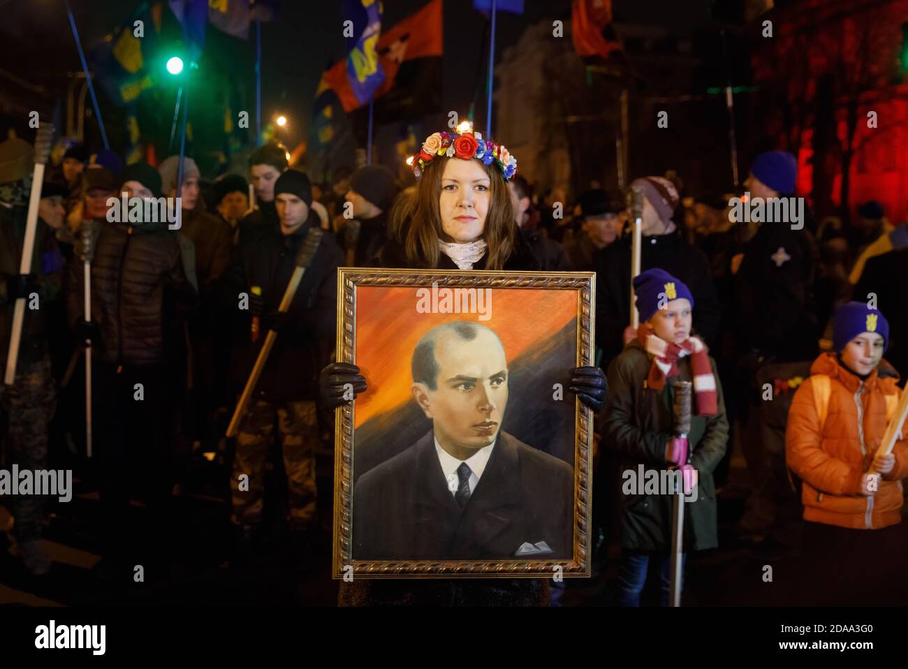 KIEV, UKRAINE - Jan. 01, 2018: Ukrainian nationalist activists mark the ...