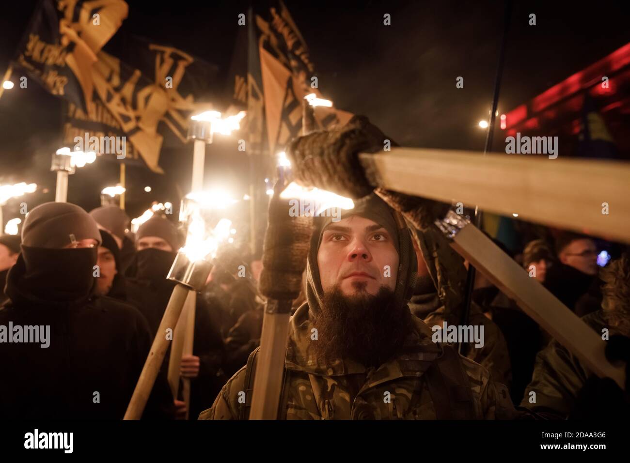 KIEV, UKRAINE - Jan. 01, 2018: Ukrainian nationalist activists mark the ...