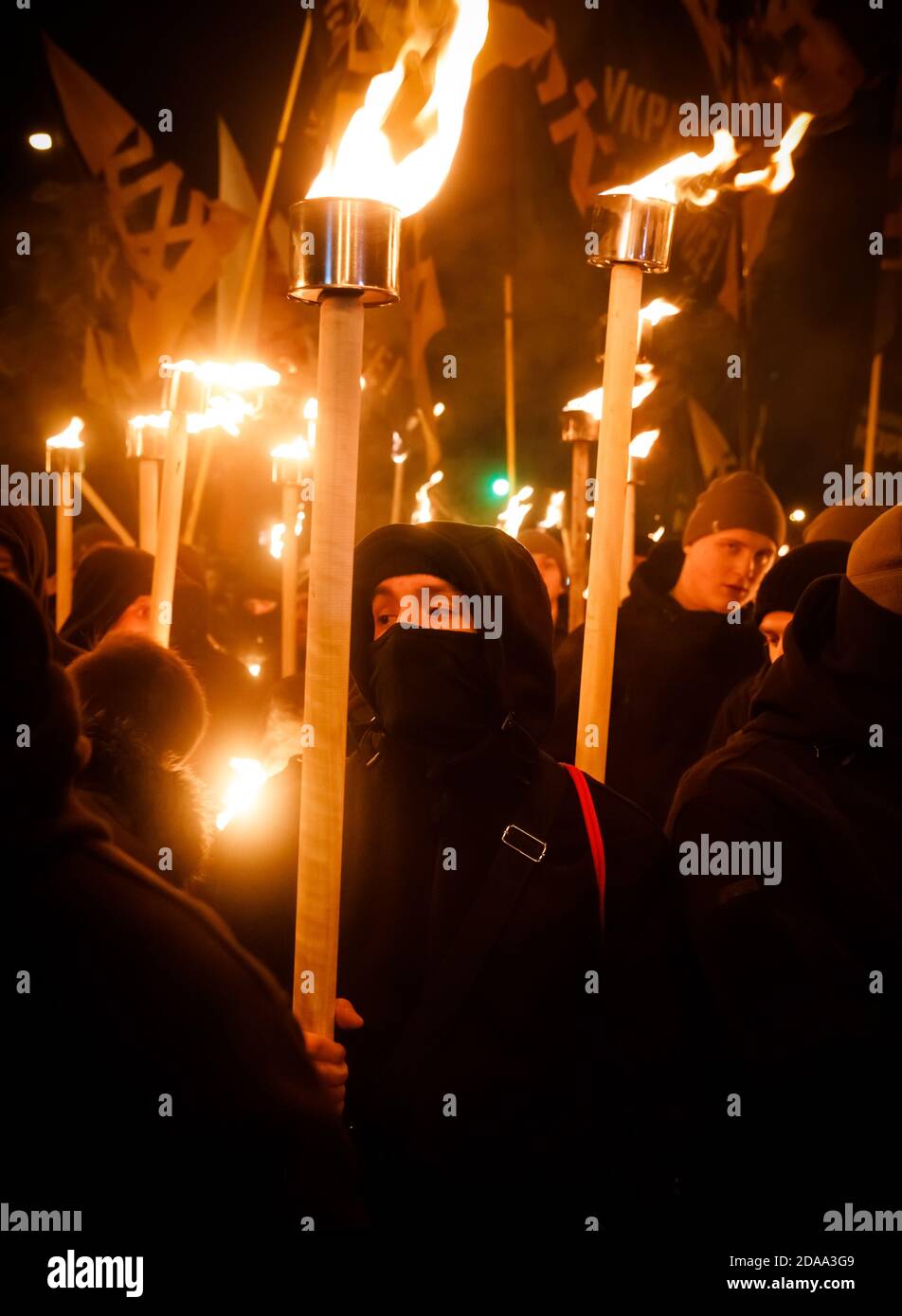 KIEV, UKRAINE - Jan. 01, 2018: Ukrainian nationalist activists mark the ...