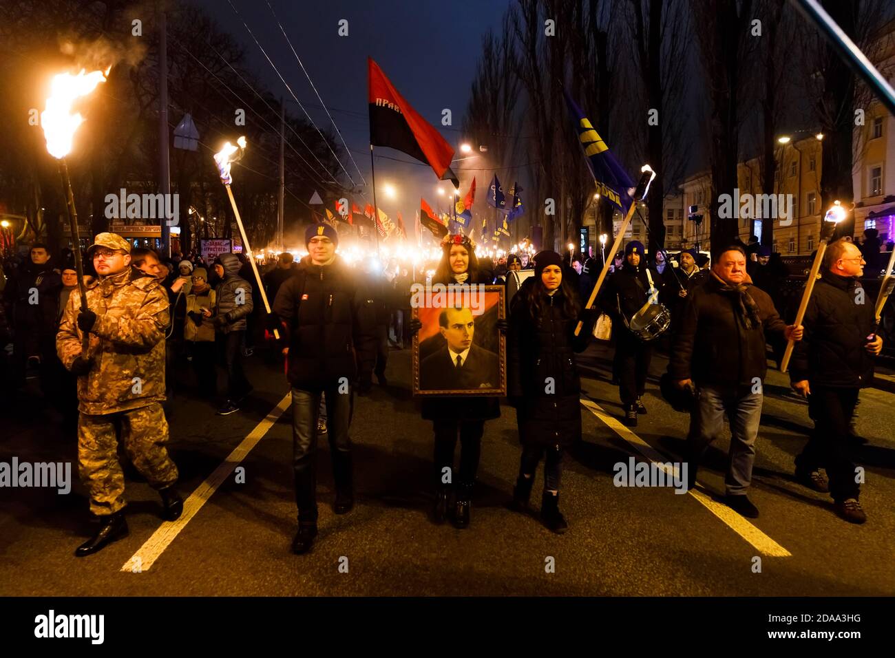 KIEV, UKRAINE - Jan. 01, 2018: Ukrainian nationalist activists mark the ...