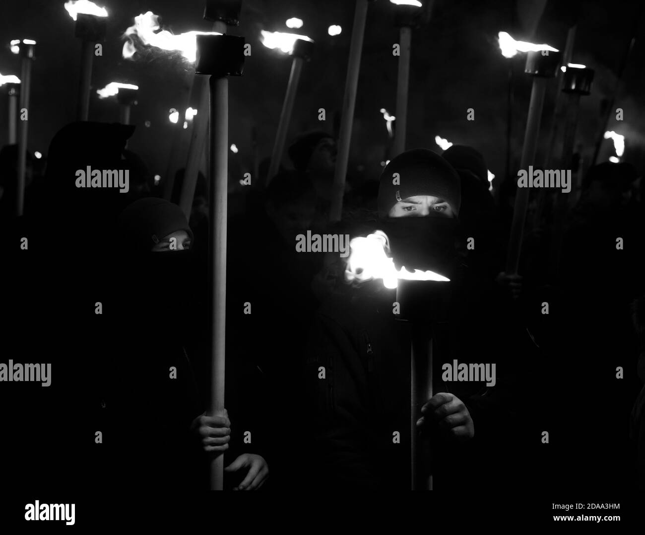 KIEV, UKRAINE - Jan. 01, 2018: Ukrainian nationalist activists mark the ...