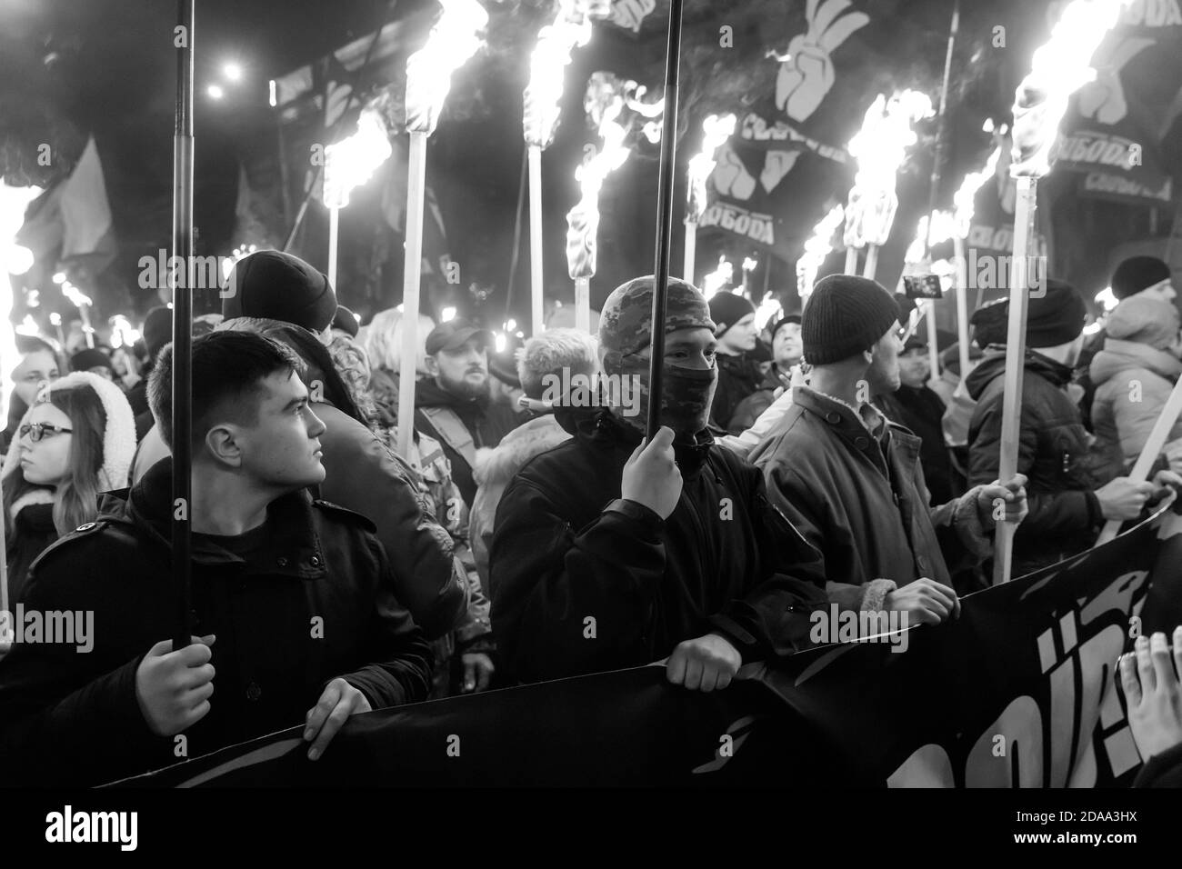 KIEV, UKRAINE - Jan. 01, 2018: Ukrainian nationalist activists mark the ...