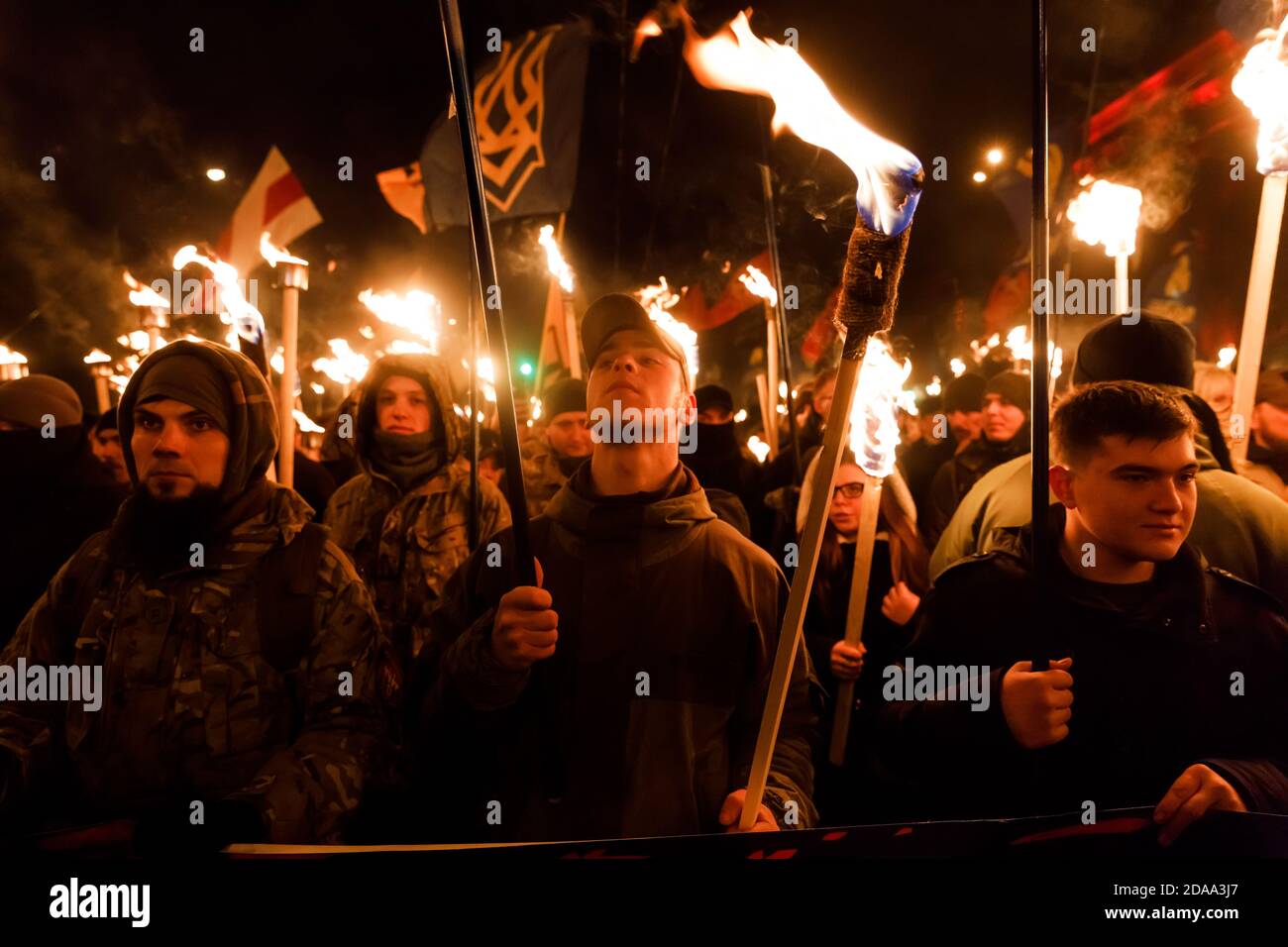 KIEV, UKRAINE - Jan. 01, 2018: Ukrainian nationalist activists mark the ...