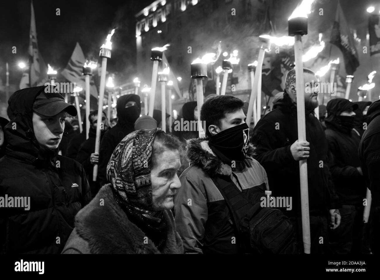 KIEV, UKRAINE - Jan. 01, 2018: Ukrainian nationalist activists mark the ...