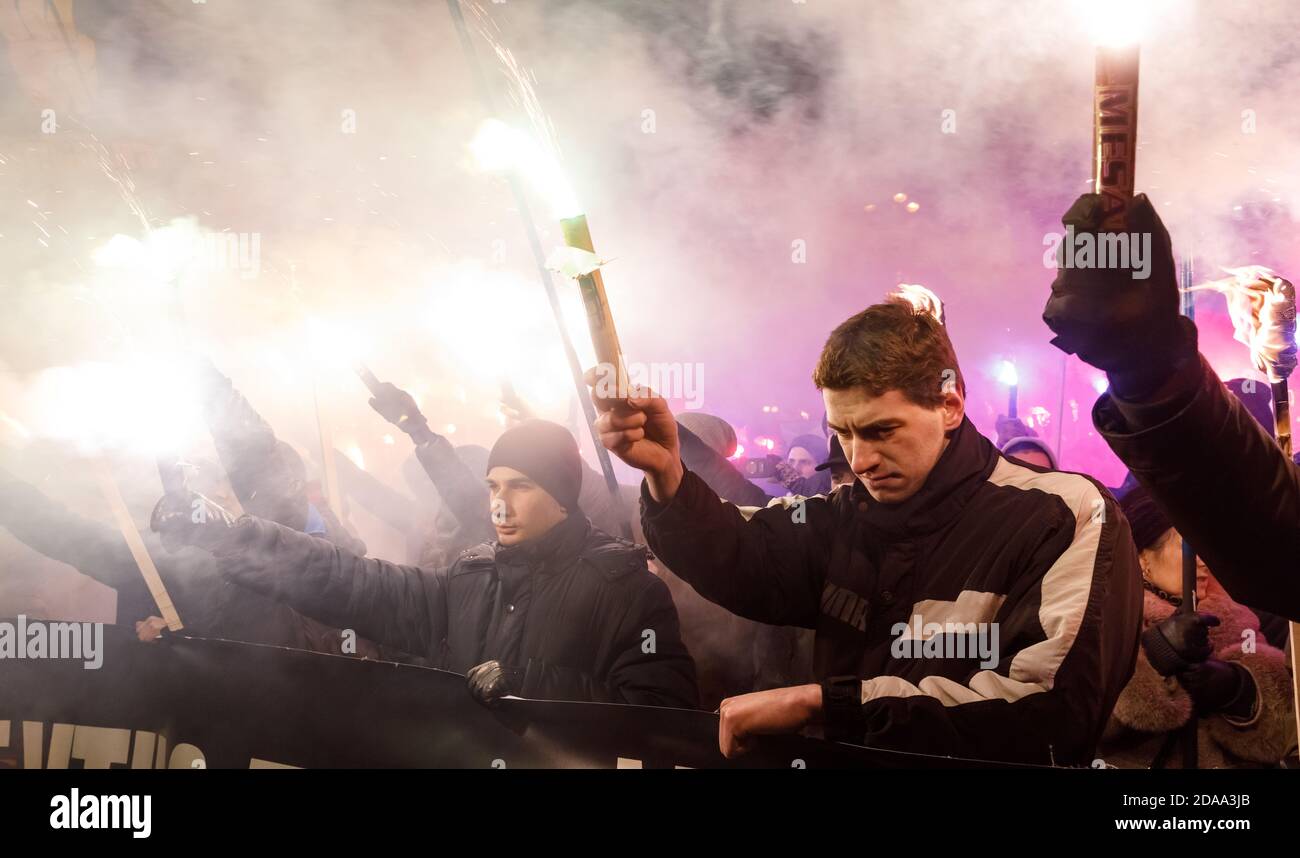 KIEV, UKRAINE - Jan. 01, 2018: Ukrainian nationalist activists mark the ...