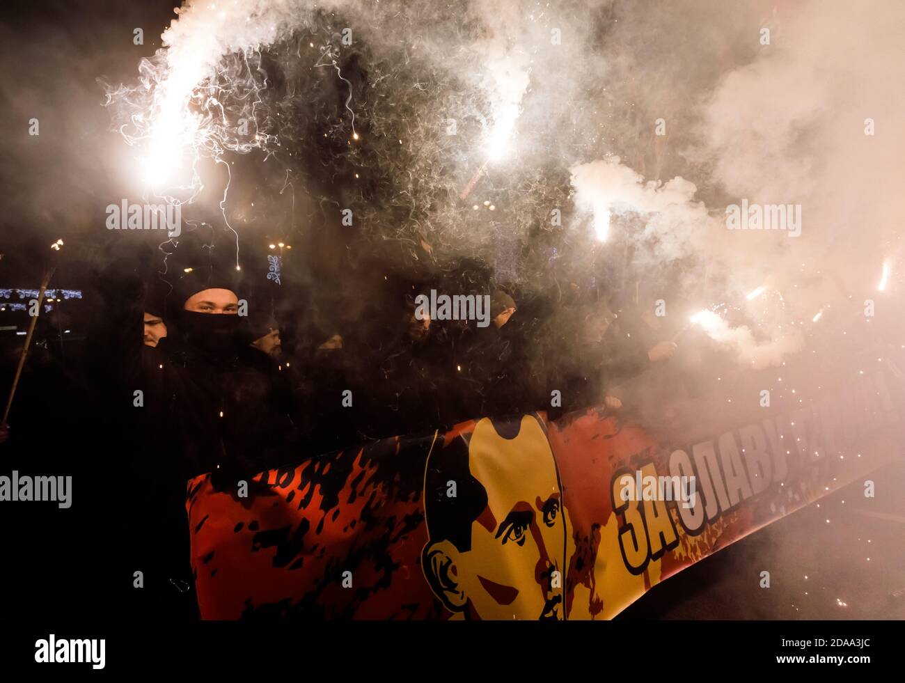 KIEV, UKRAINE - Jan. 01, 2018: Ukrainian nationalist activists mark the ...