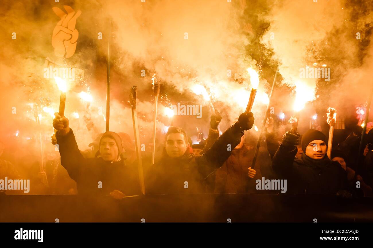 KIEV, UKRAINE - Jan. 01, 2018: Ukrainian nationalist activists mark the ...