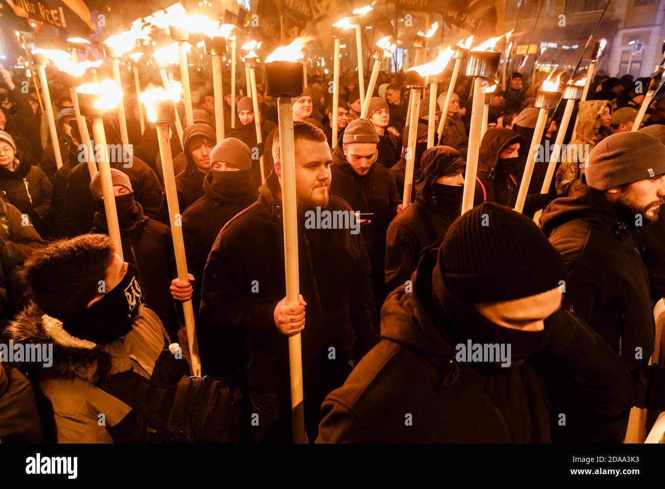 KIEV, UKRAINE - Jan. 01, 2018: Ukrainian nationalist activists mark the ...