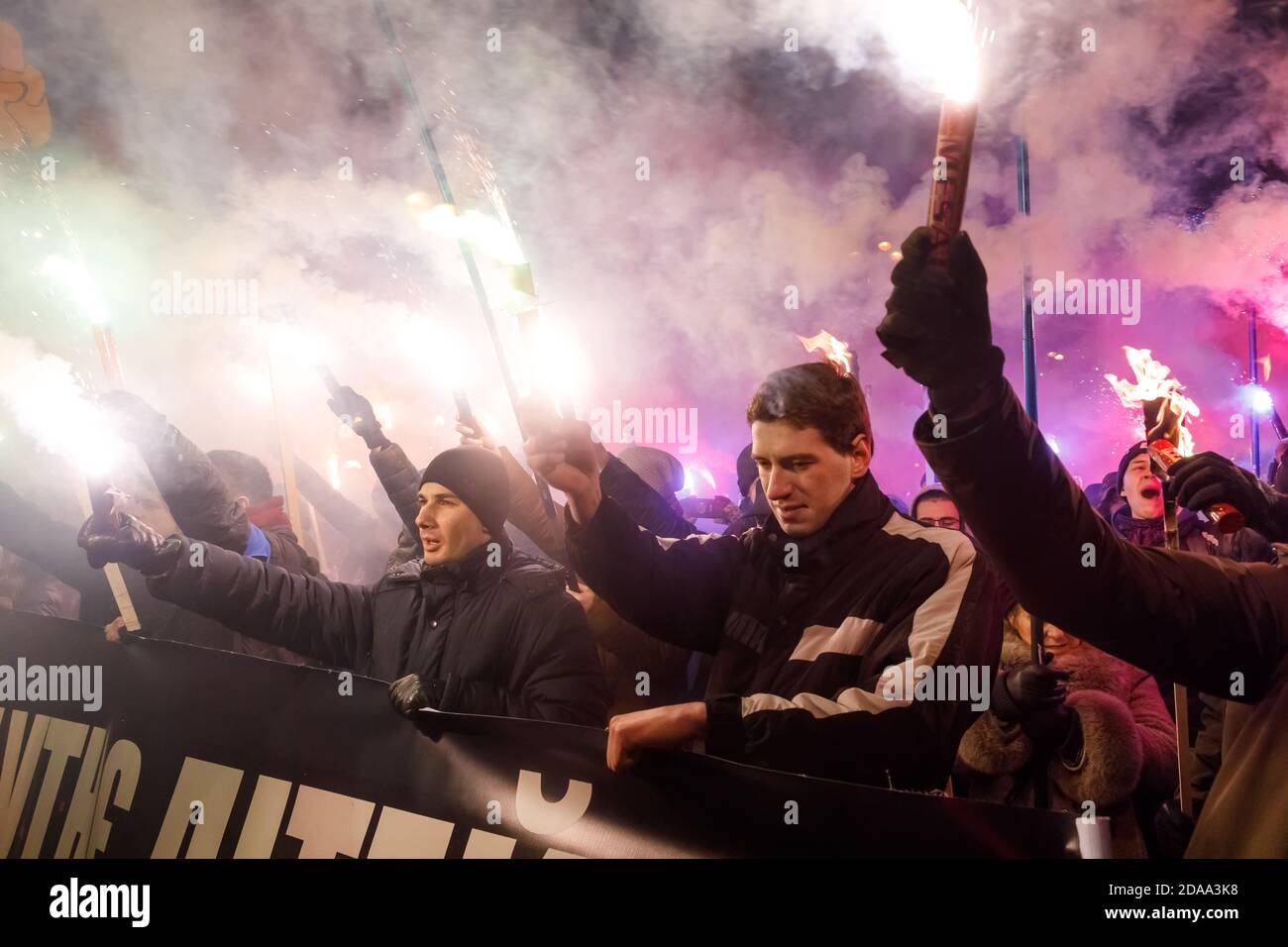 KIEV, UKRAINE - Jan. 01, 2018: Ukrainian nationalist activists mark the ...