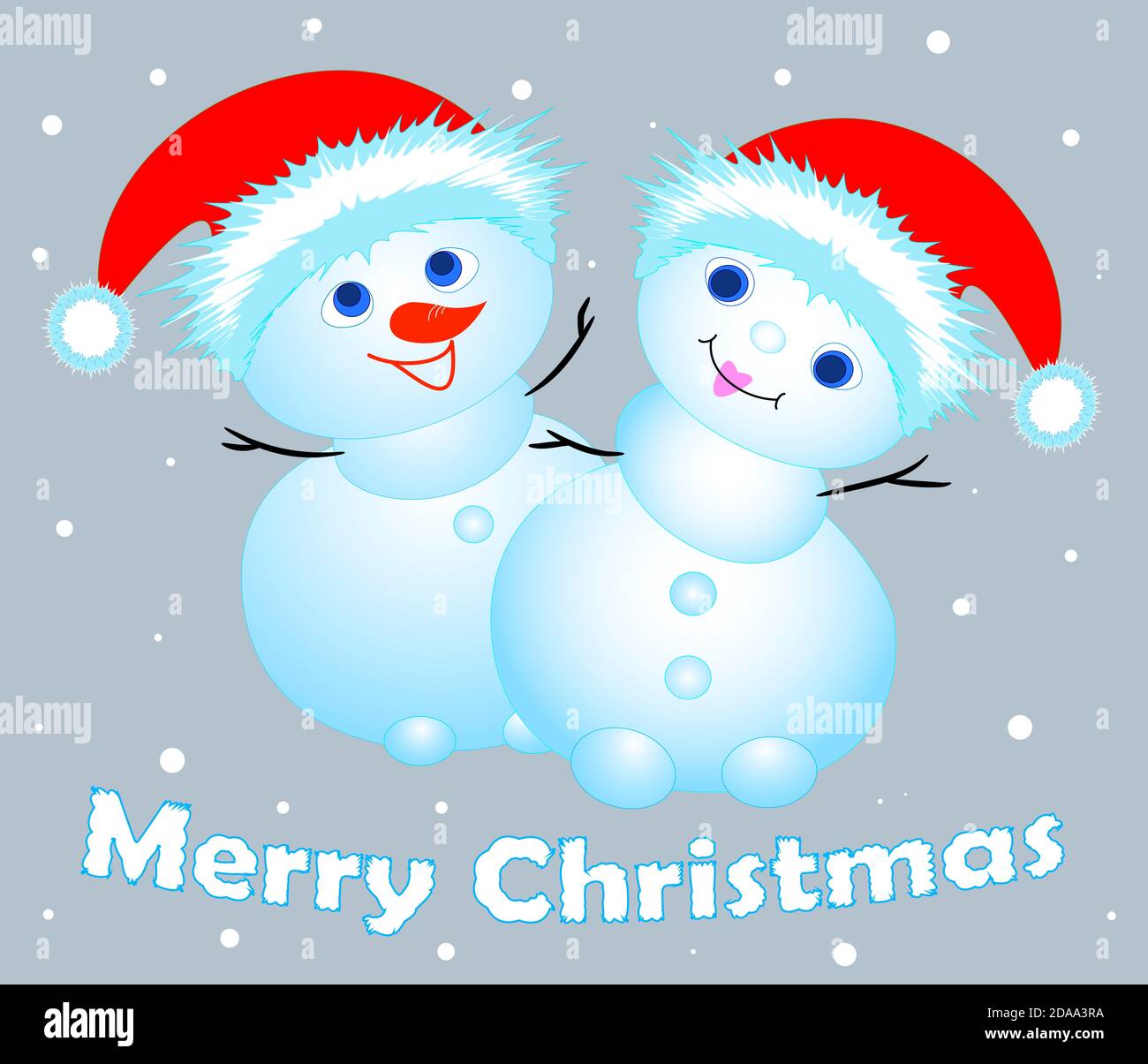 Two funny snowmen. Merry Christmas, Santa Claus Hat. Gray background ...
