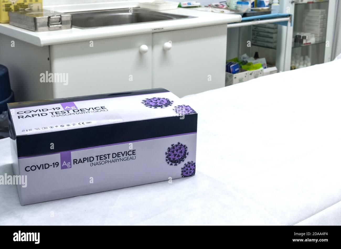 Covid-19 antigen test box on a hospital stretcher. rapid test ...