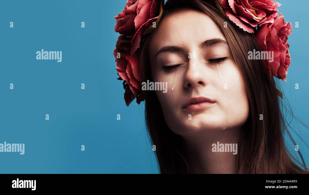 Portrait of beautiful crying girl with tears on her cheeks Stock Photo ...