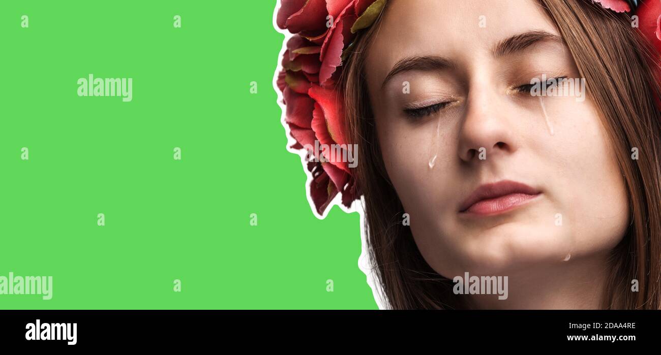 Close-up portrait of beautiful crying girl with tears. Magazine style ...