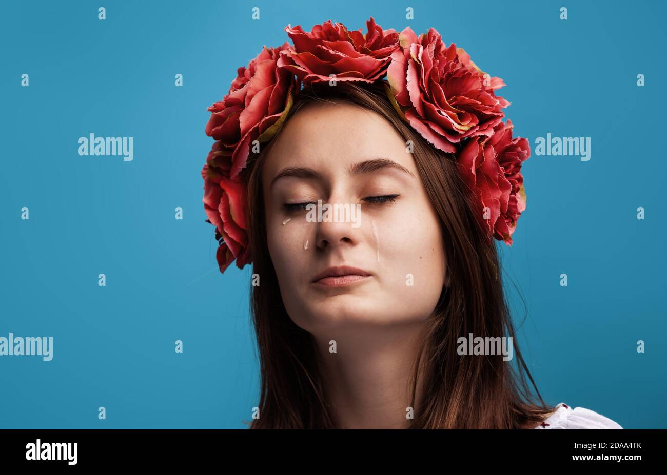 Portrait of beautiful crying girl with tears on her cheeks Stock Photo ...