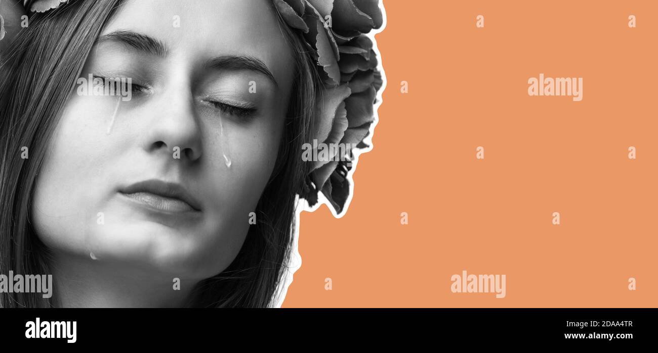 Close-up portrait of beautiful crying girl with tears. Magazine style ...