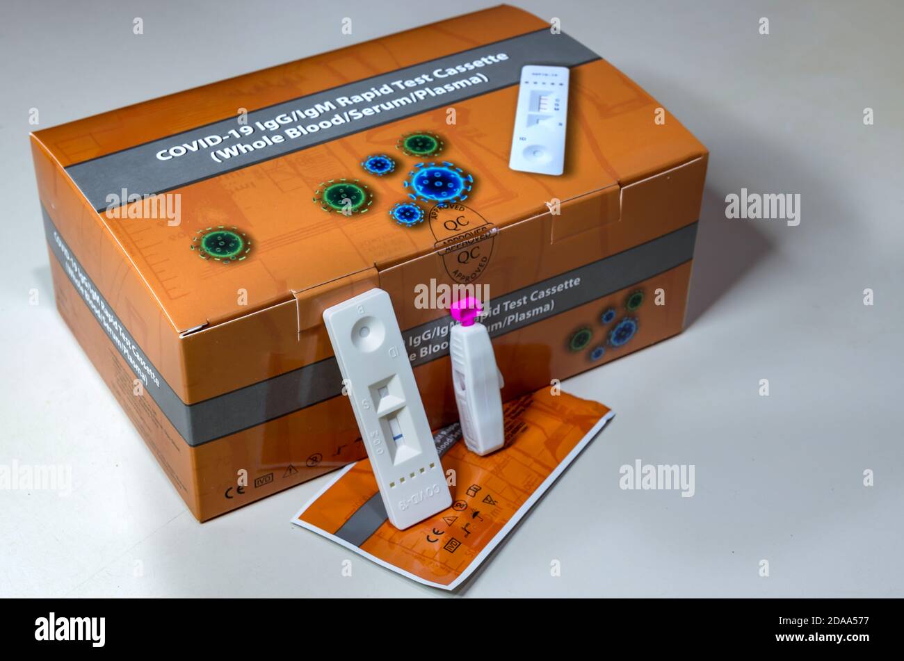 Rapid test of covid-19 with box behind and everything necessary for its ...