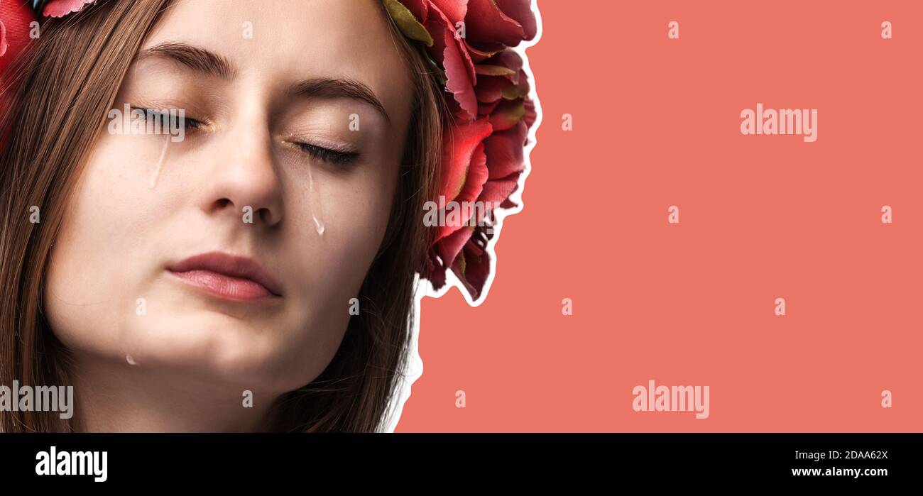Close-up portrait of beautiful crying girl with tears. Magazine style ...