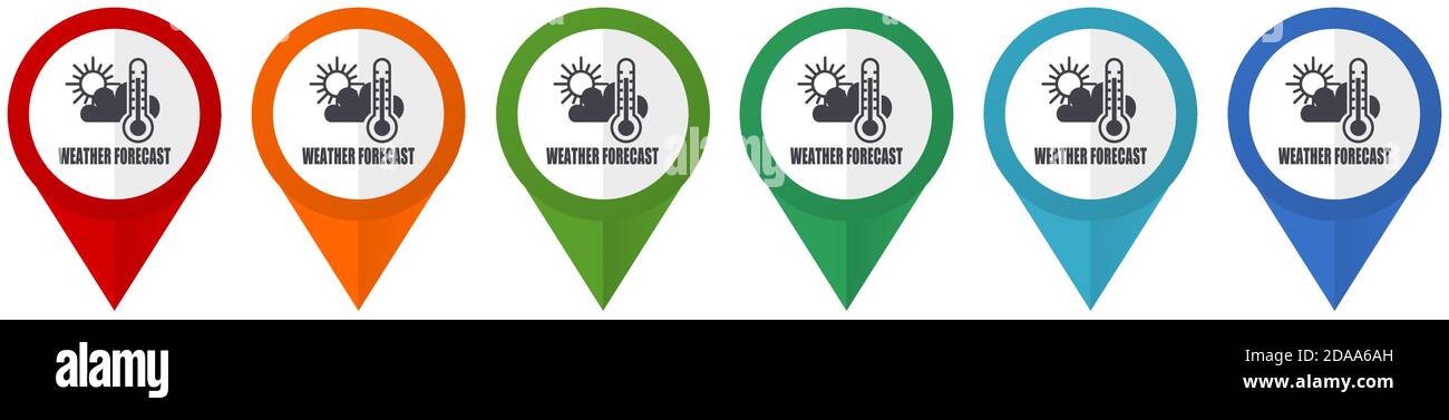 Weather forecast vector pointers, set of colorful flat design icons ...