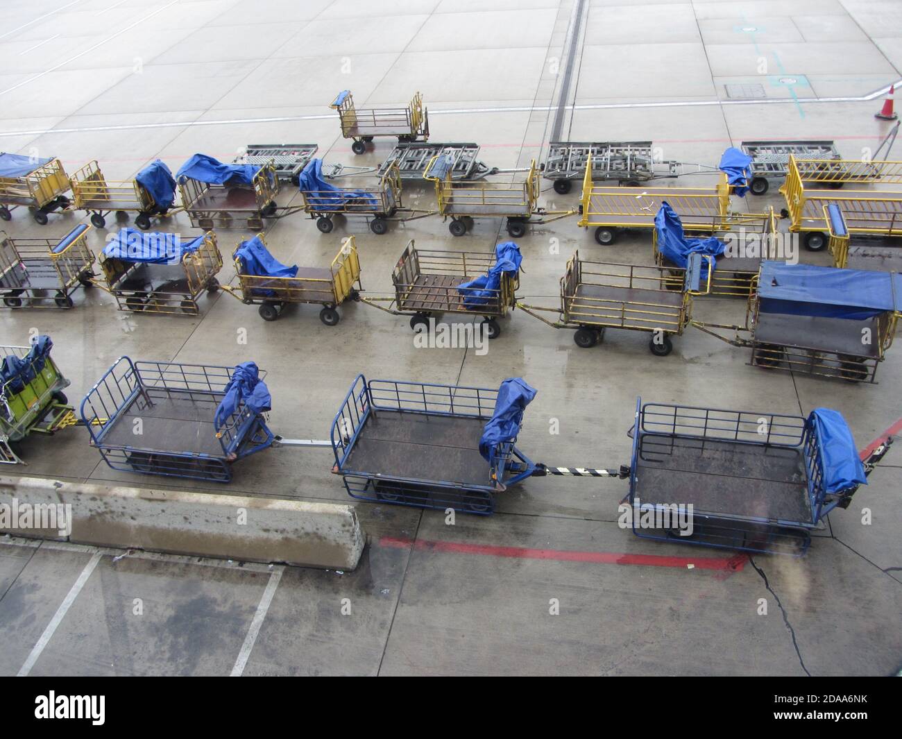 flight baggage at the airport, empty transport carts after loading the ...