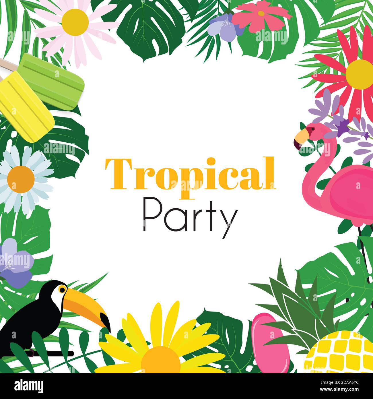 Abstract Tropical Party Background with Palm Leaves, Flamingo, flowers ...