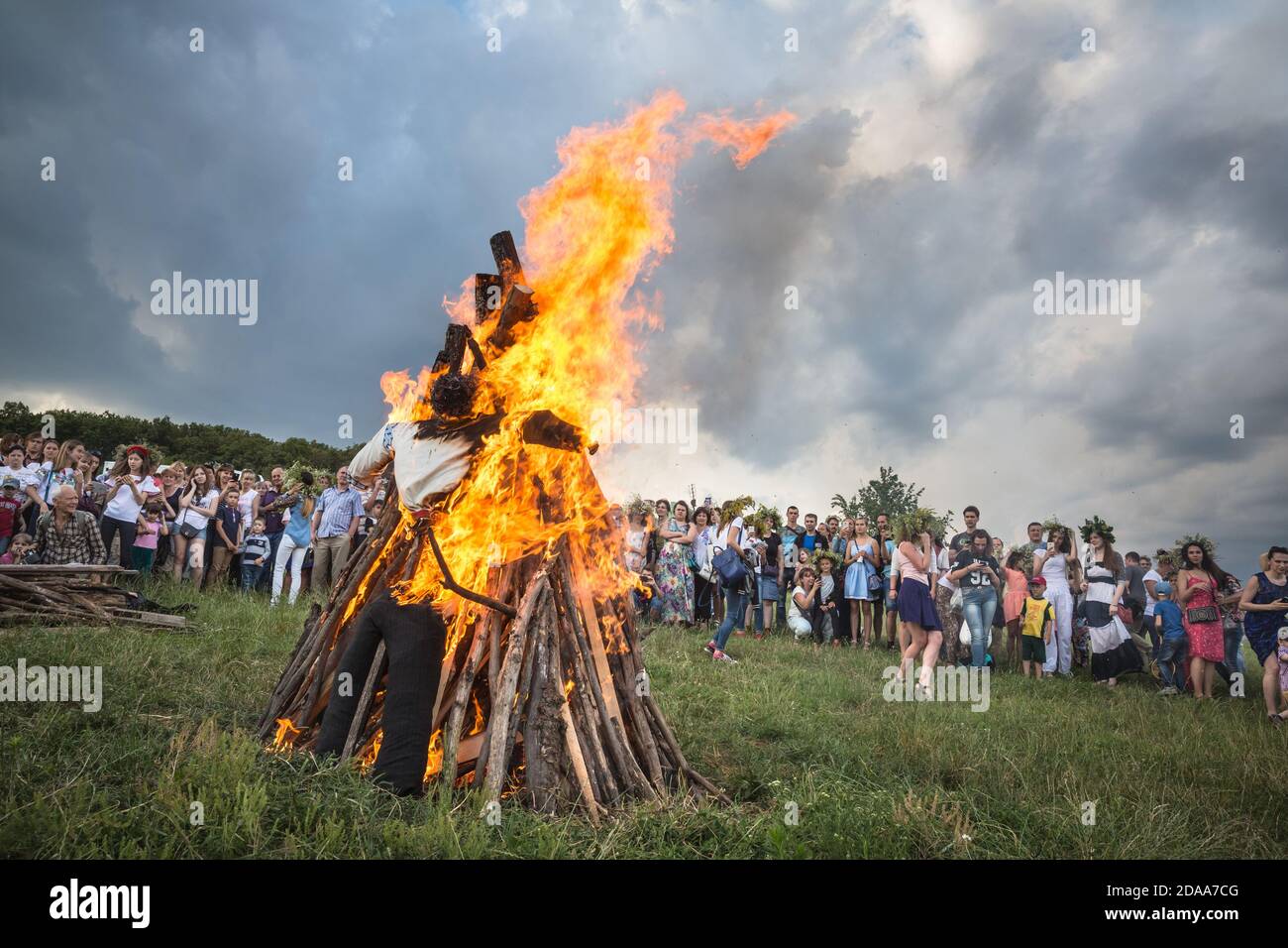 KIEV, UKRAINE - Jul 06: Ritual pyre during celebrations of Ivan Kupala ...