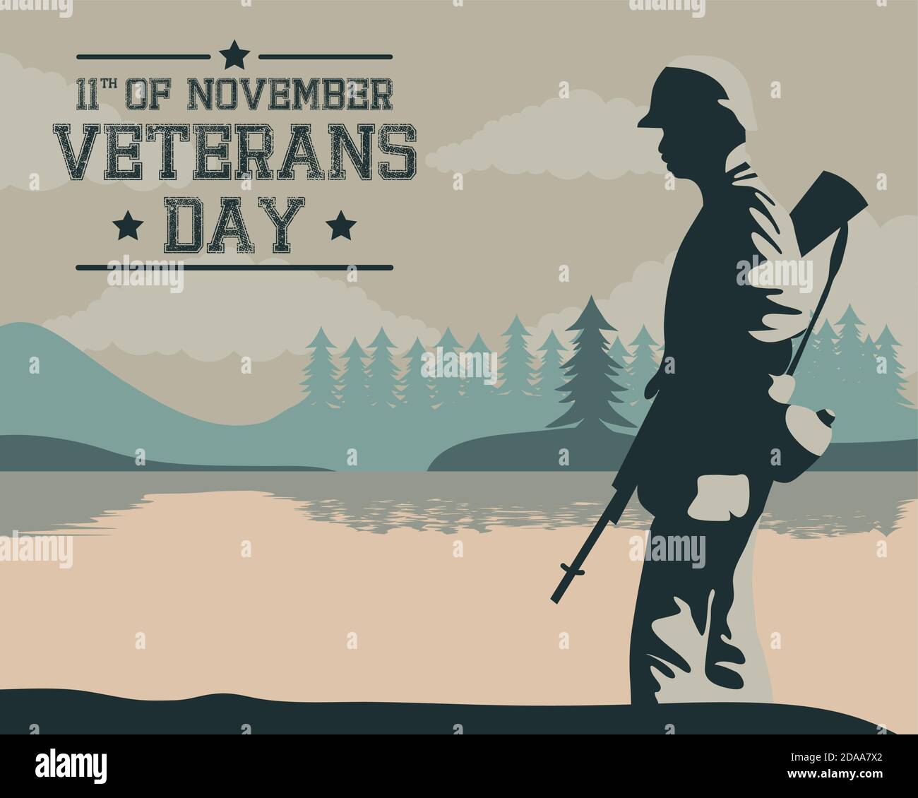 happy veterans day celebration card with soldier walking in lake scene ...