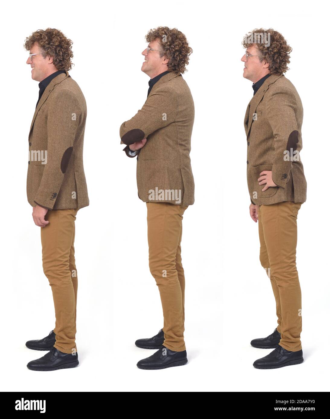 side view of group of same middle aged man with blazer on white ...