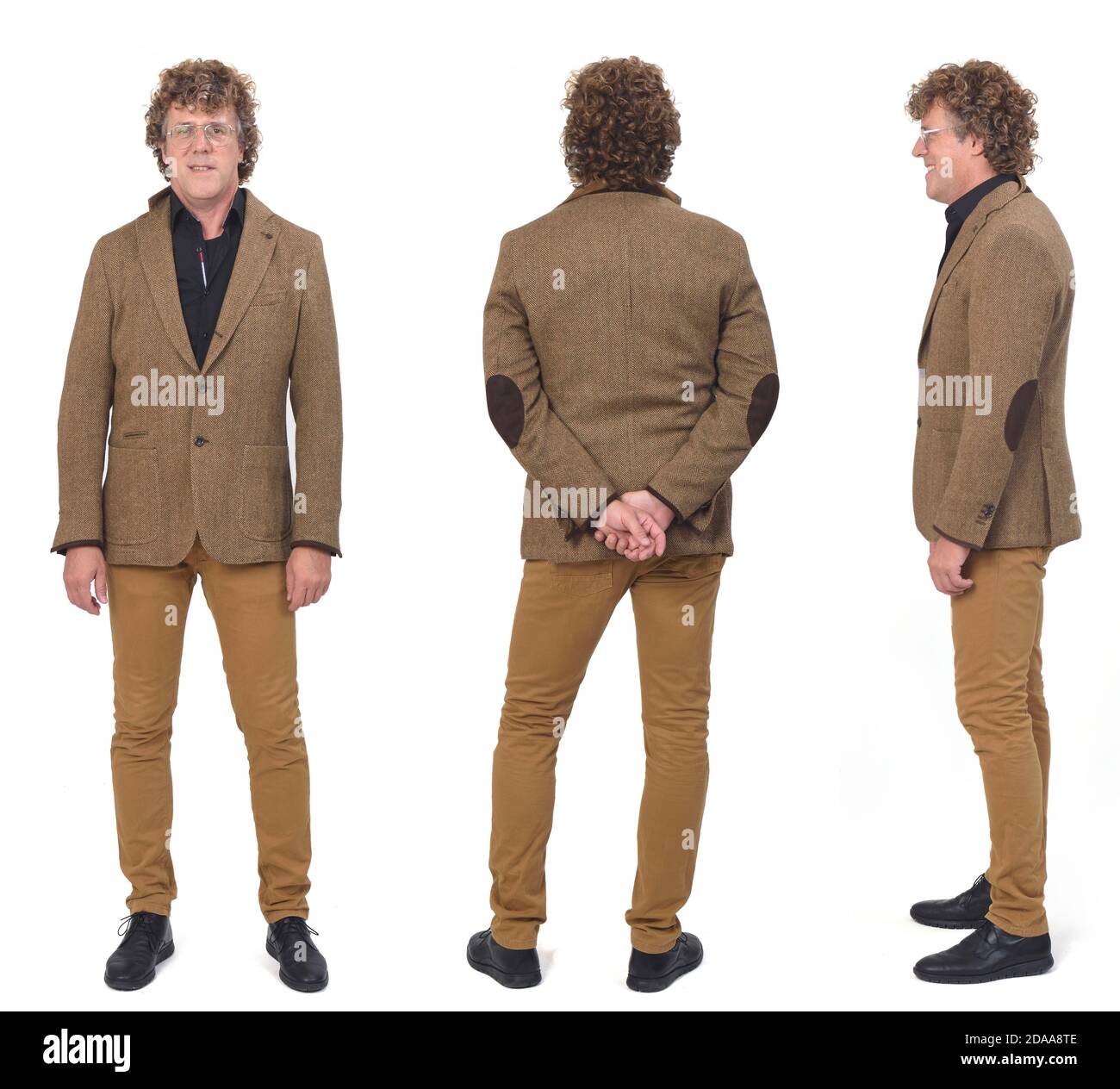 side, front and back view of same middle aged man with blazer on white ...