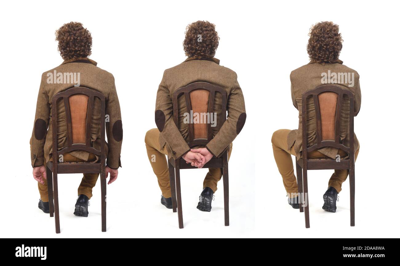 rear view group of same middle aged man with blazer and various poses ...