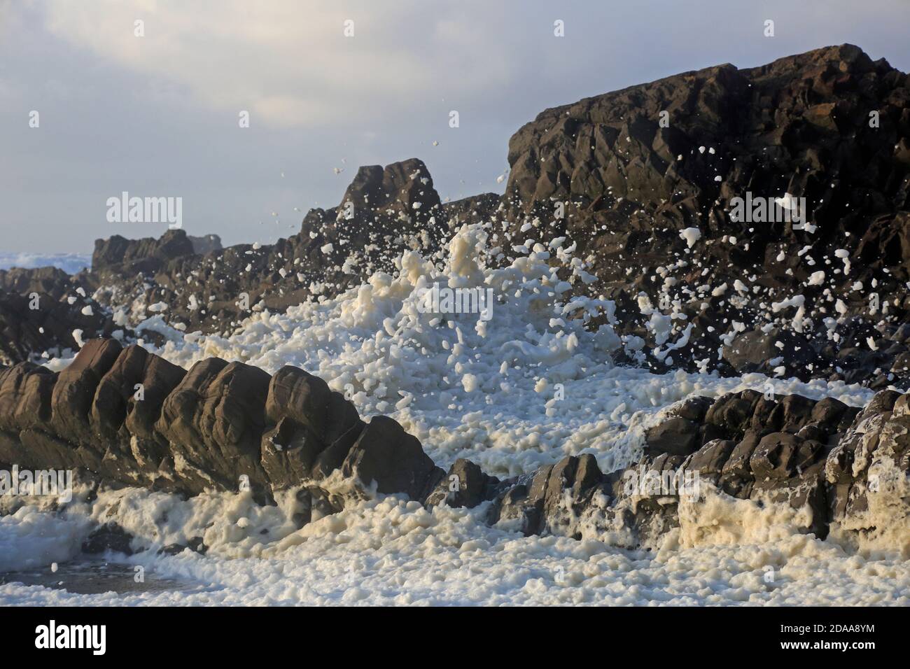 Sea Spume being blown onto the rocks at Welcombe Mouth during a storm ...