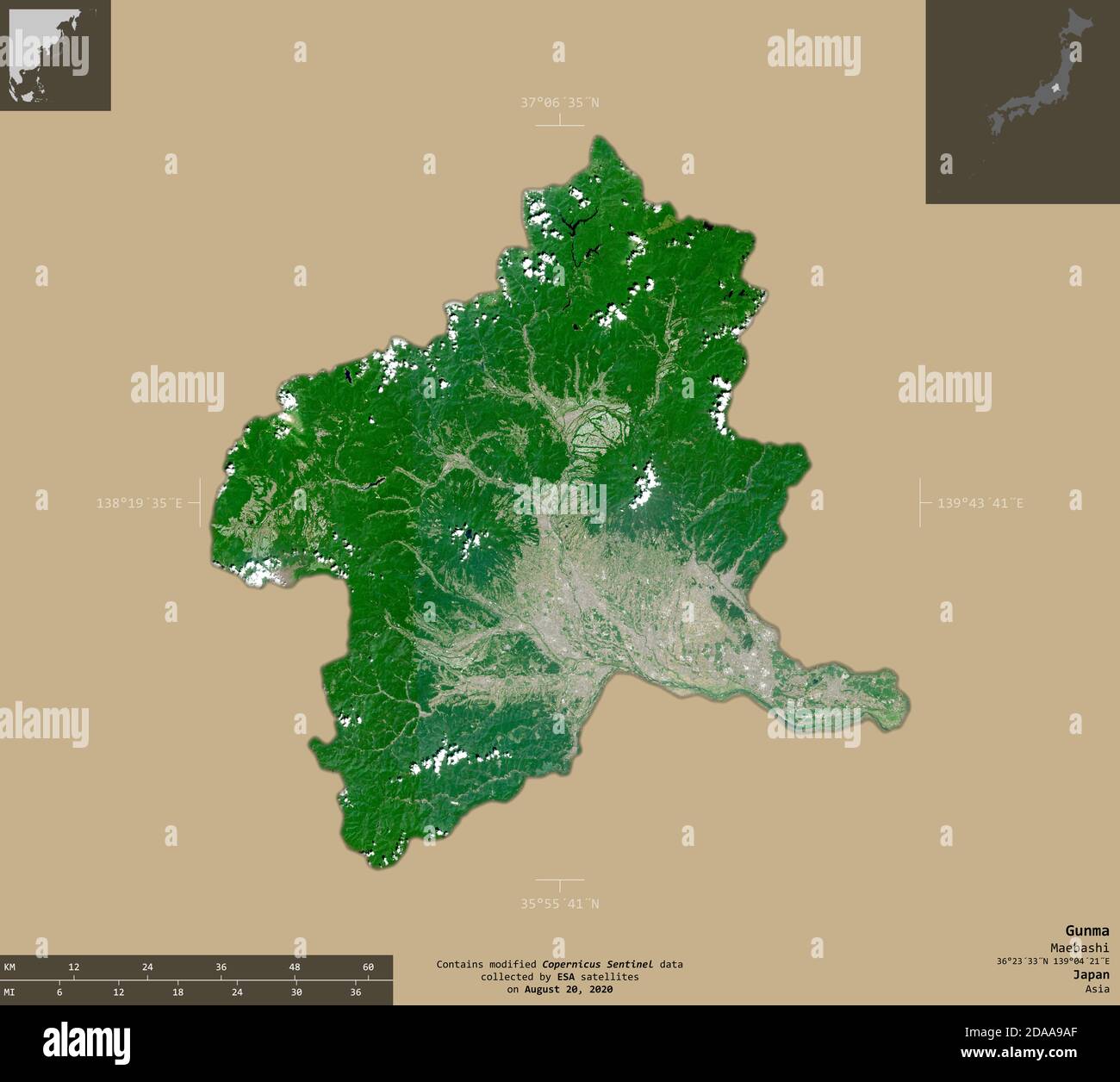 Gunma, prefecture of Japan. Sentinel-2 satellite imagery. Shape ...