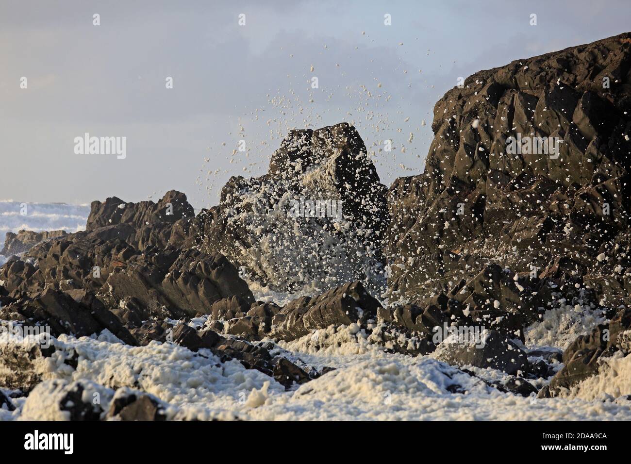 Sea Spume being blown onto the rocks at Welcombe Mouth during a storm ...