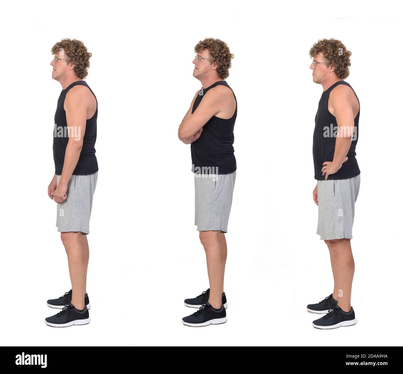 side view of a same man wearing sports tank tops and shorts and various ...