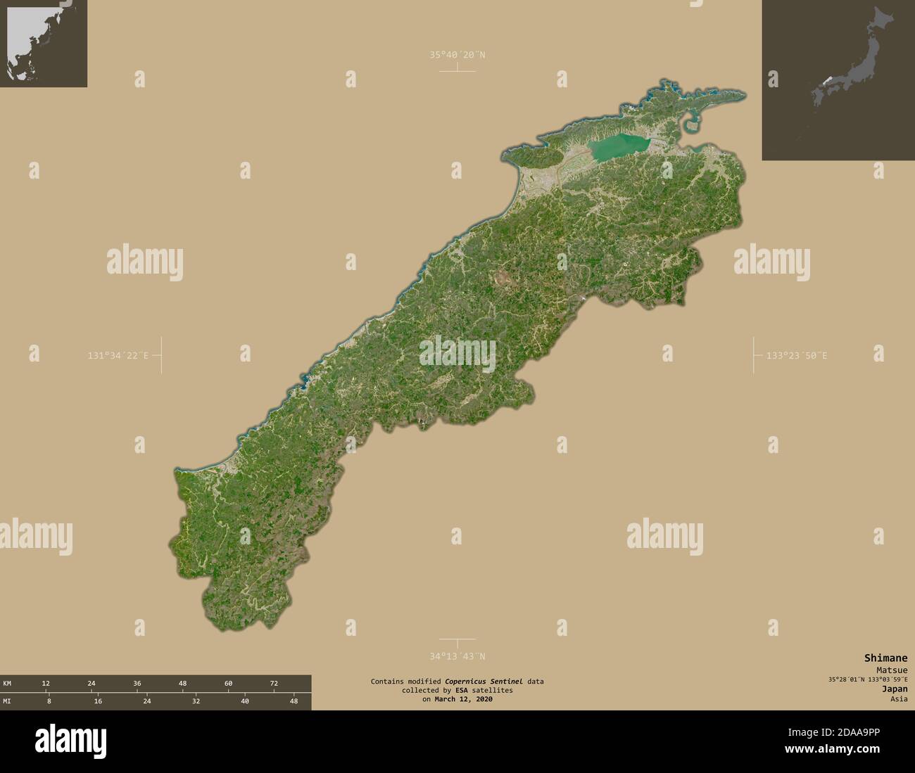 Shimane, prefecture of Japan. Sentinel-2 satellite imagery. Shape ...