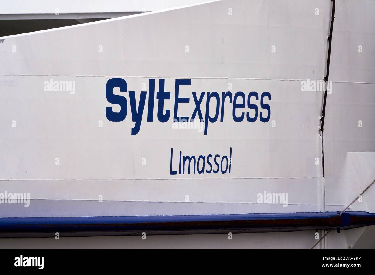 Sylt Express lettering on the hull of the ferry from Sylt in Germany to ...
