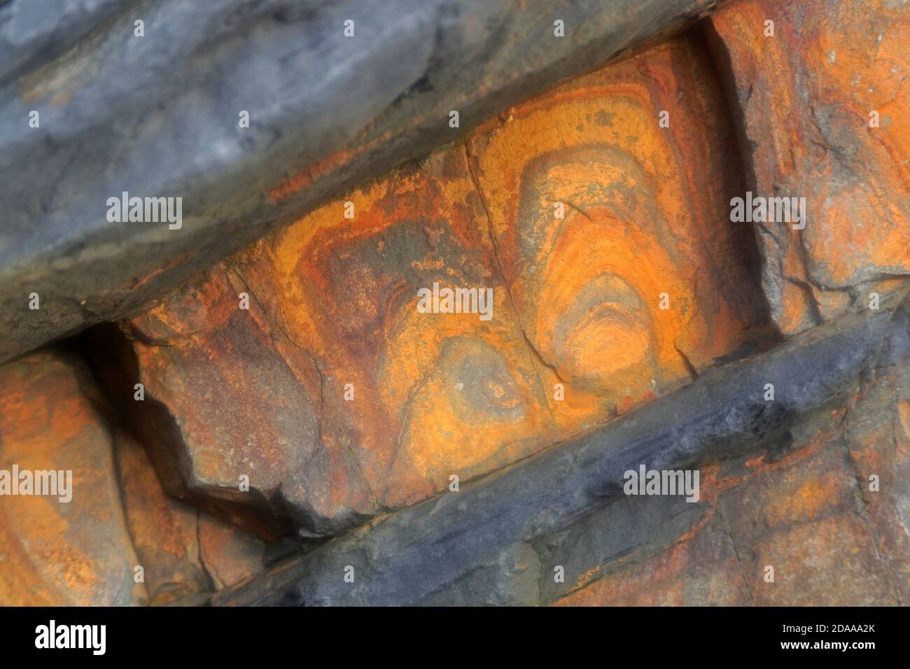 Views of the orange coloured sedimentary rocks at Welcombe Mouth ...