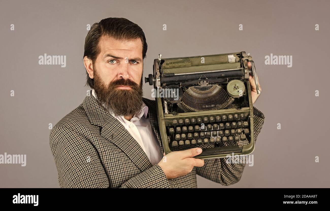 choosing retro. professional typist make notes typing. modern and old ...