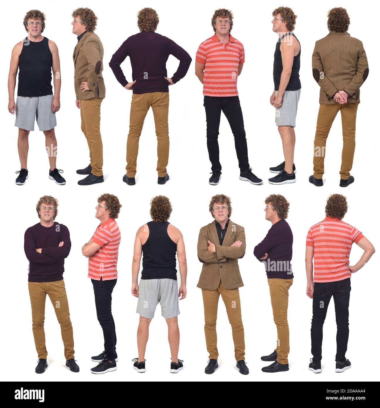 rear, front and side view of the same man with different outfits on ...